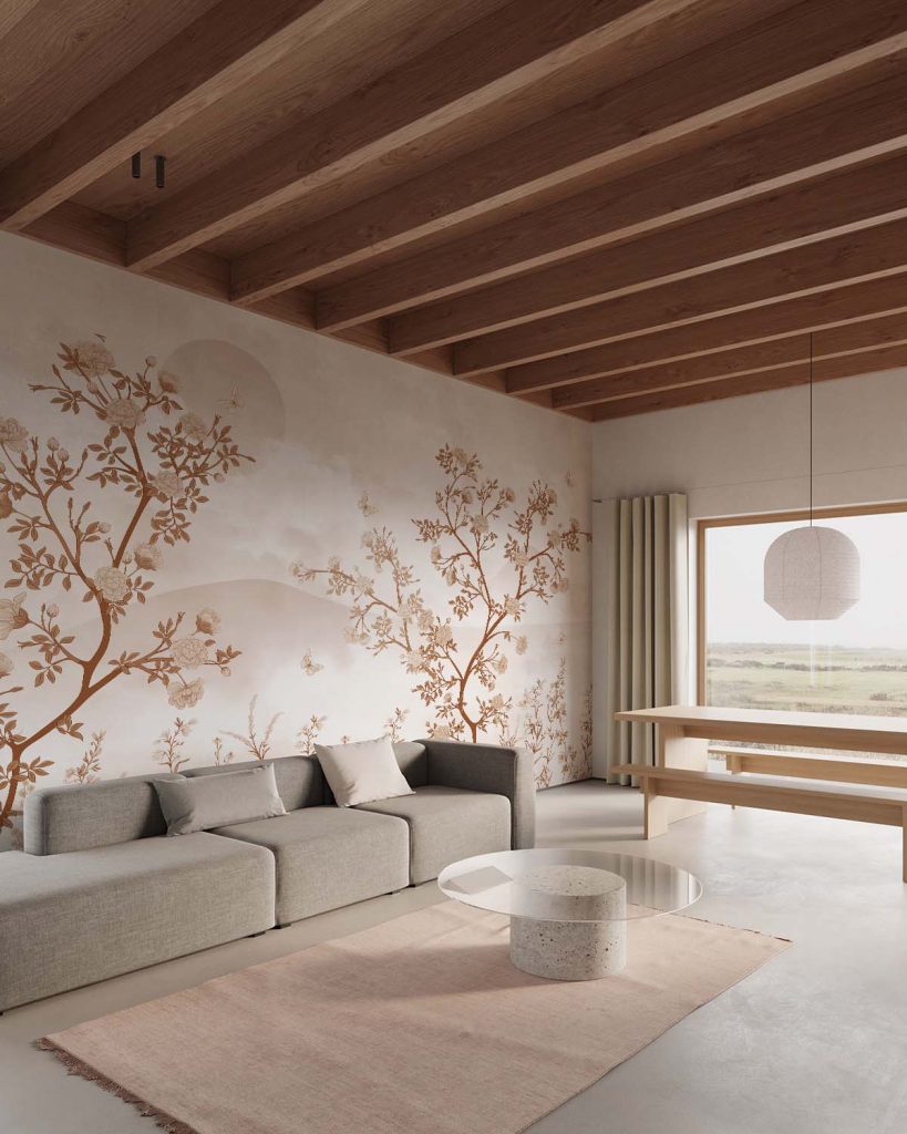 Dawnlure, Chinoiserie Sepia Bloom Wallpaper Mural - Magicdecor