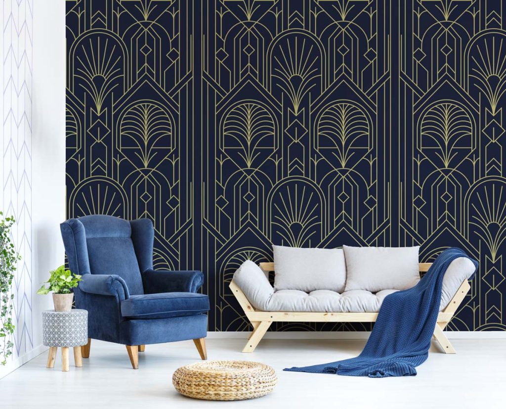 Kingsford, Midnight Blue Luxe Art Deco Pattern Wallpaper - Magicdecor